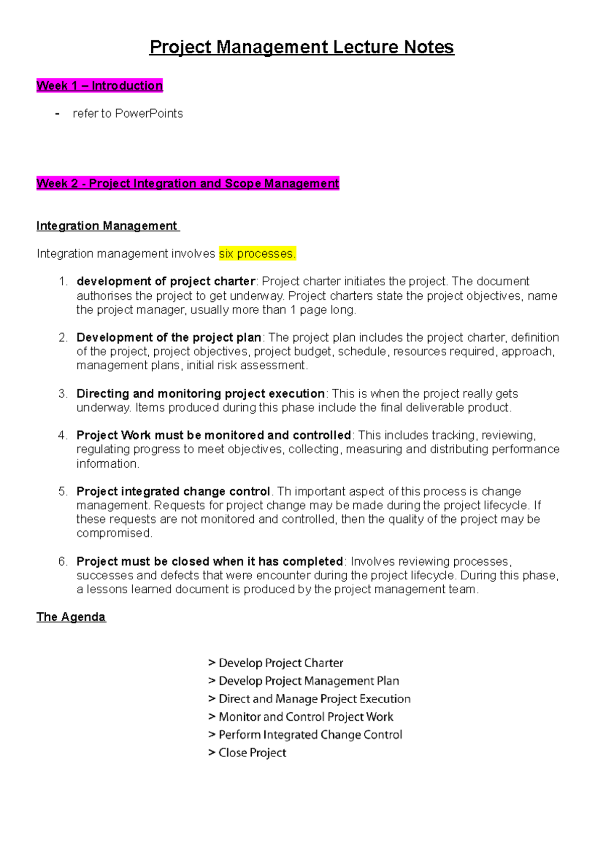 Project Management Lecture Notes - development of project charter ...