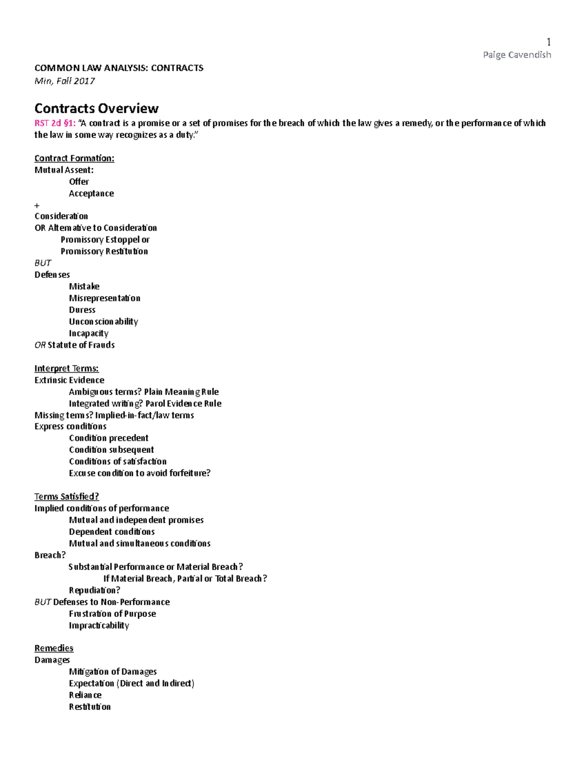 Contracts - contract case overview - Paige Cavendish COMMON LAW ...