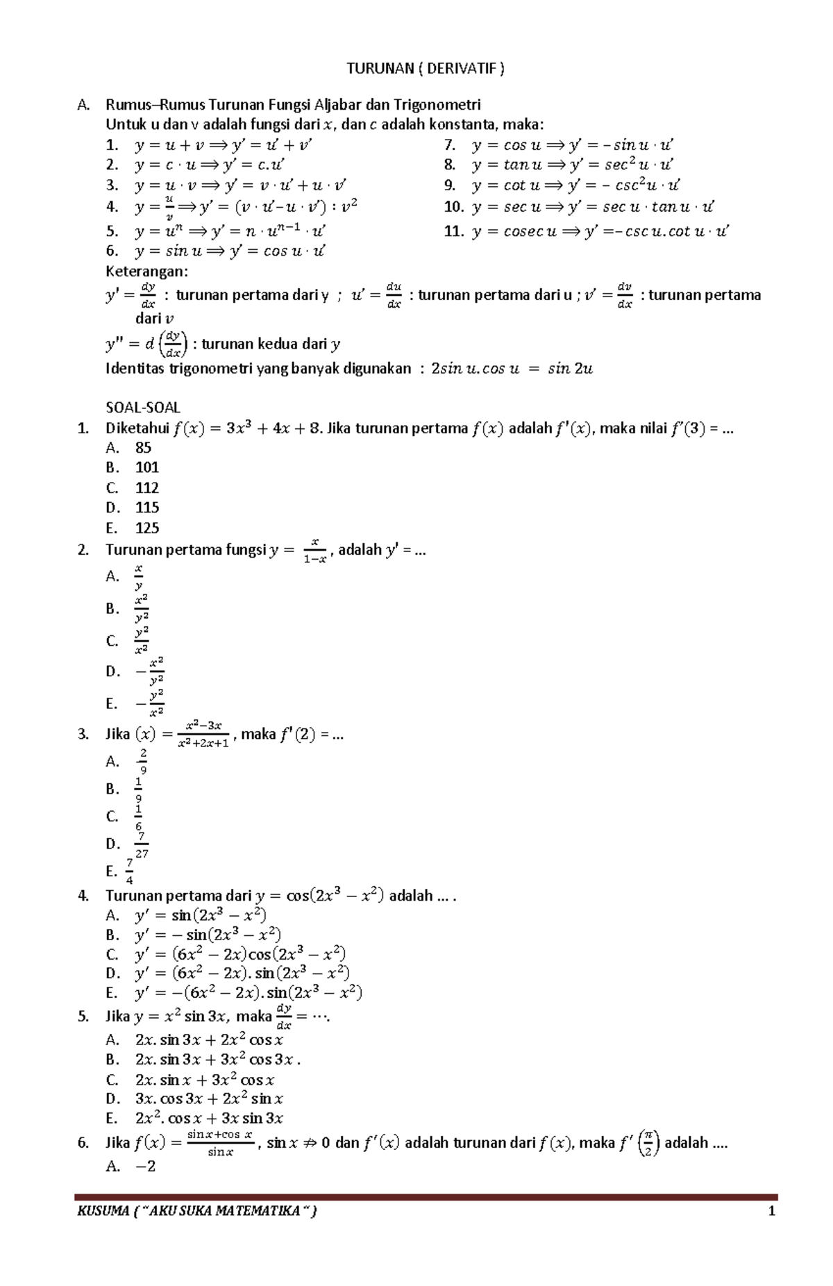 Turunan Trigonometri - Iiijmnhhjk - TURUNAN ( DERIVATIF ) A. Rumus ...
