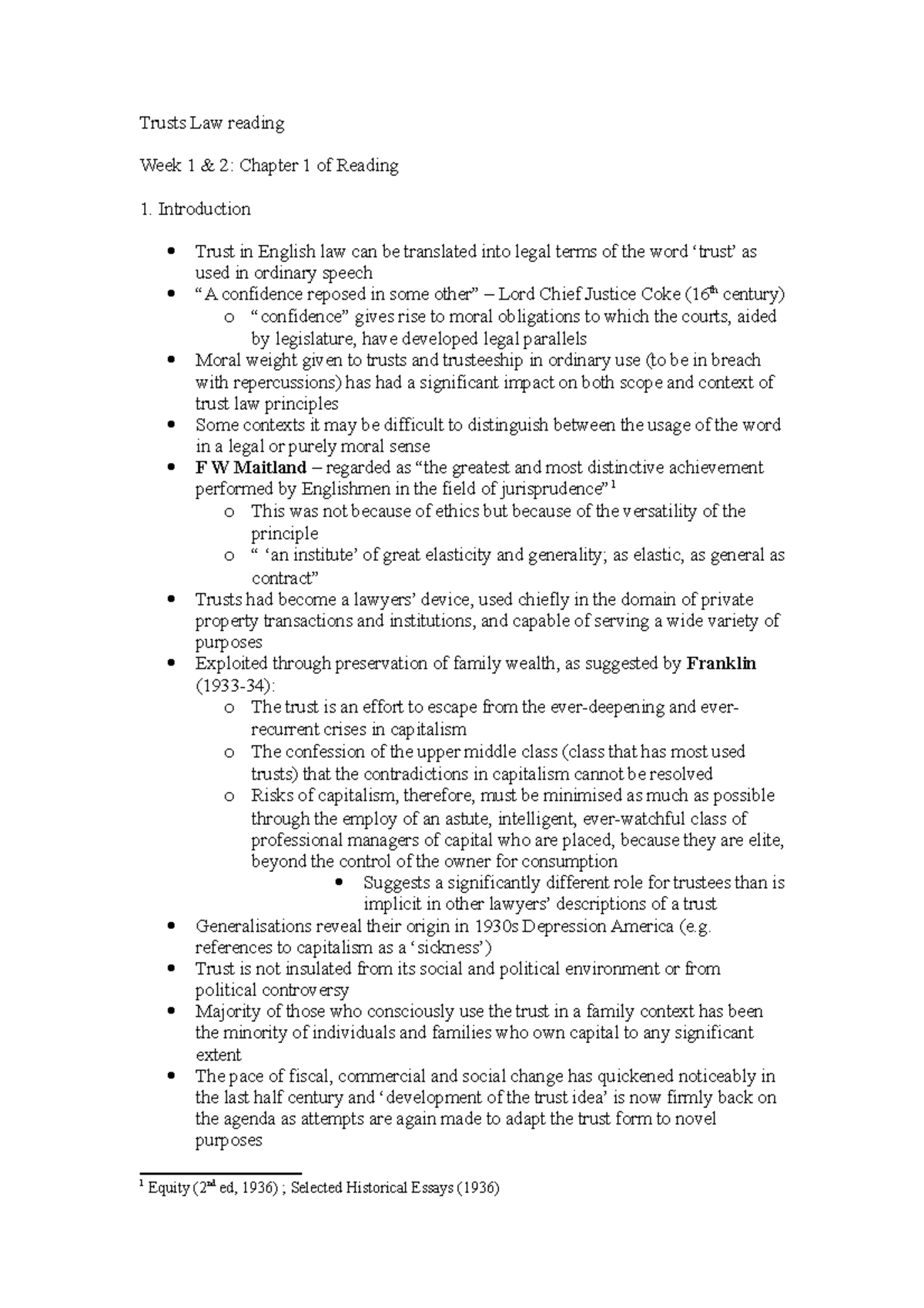 Nature and Equity of Trusts Revision Notes - Trusts Law reading Week 1 ...