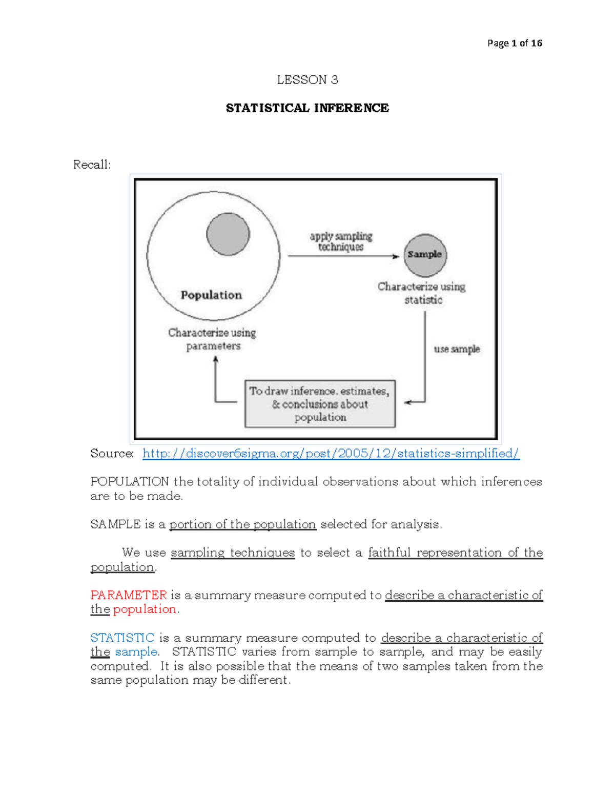 Lesson 3 Statistical Inference - LESSON 3 STATISTICAL INFERENCE Recall: Source: - Studocu