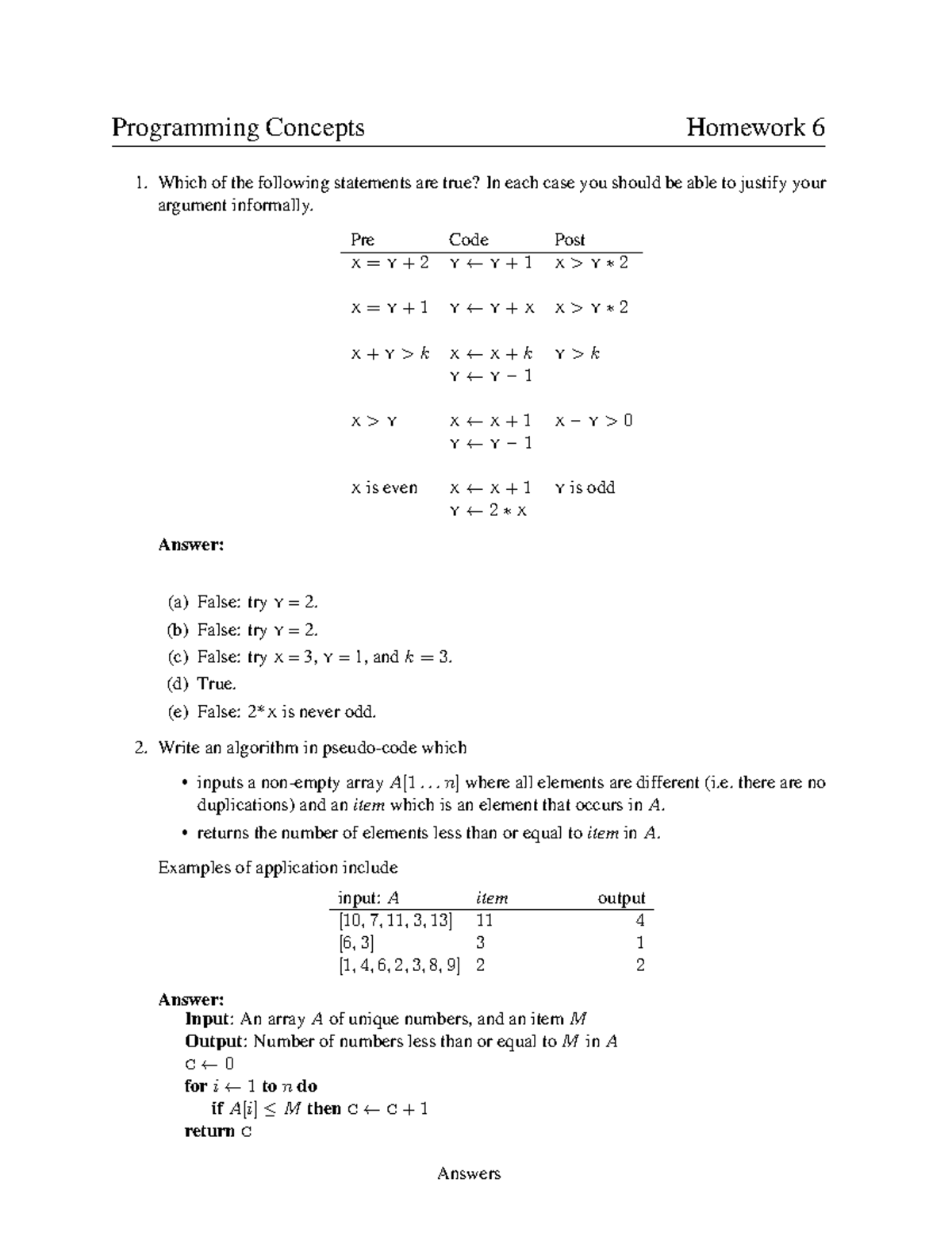 Answer Sheet For Homework 6 Programming Concepts Homework 6 Which Of