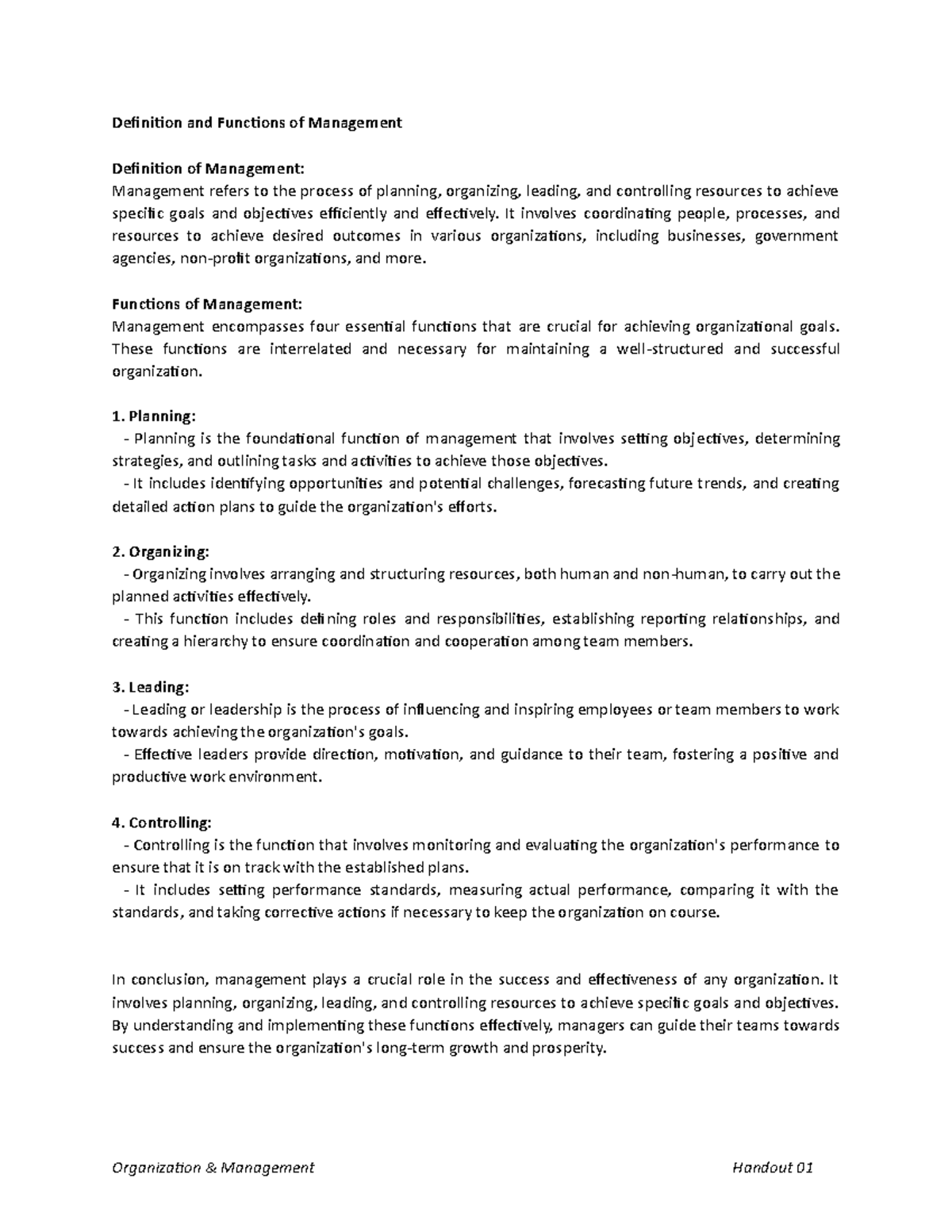 Handout 01 - Definition and Functions of Management - Organization ...