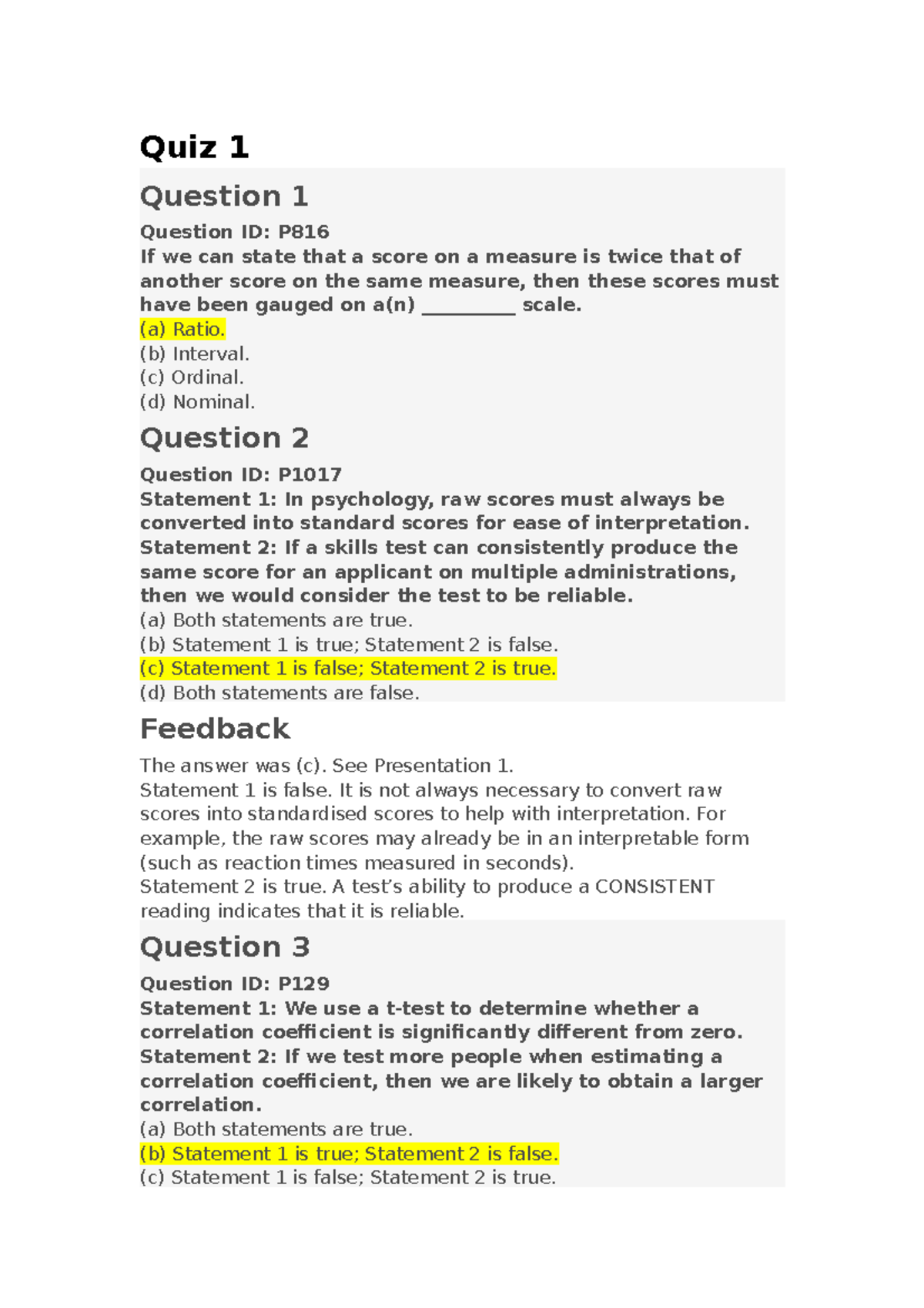 PSYC3020 practice quiz questions - Quiz 1 Question 1 Question ID: P If ...