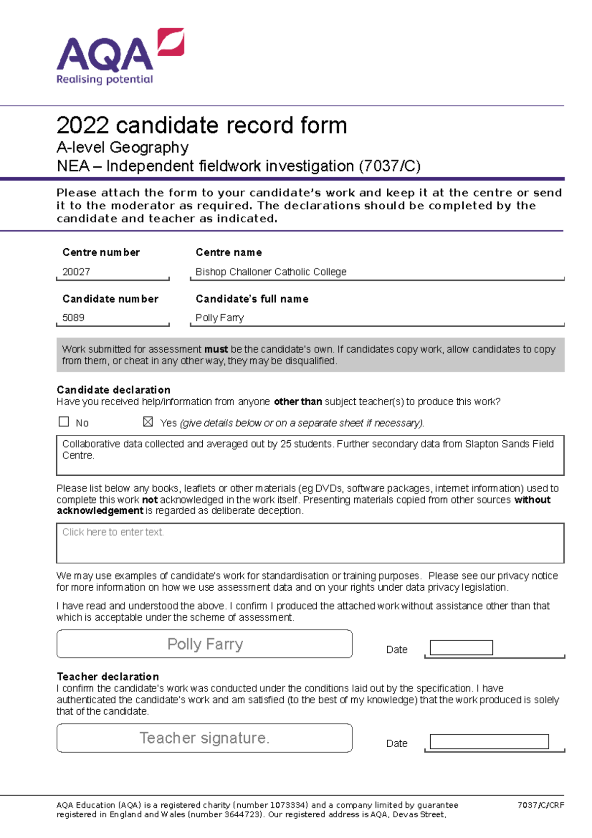 Candidate Record Form - 2022 candidate record form A-level Geography ...