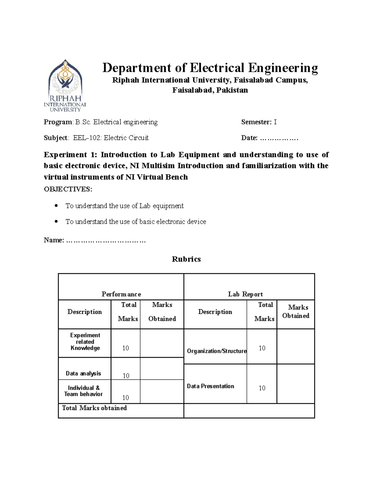 electric circuit student lab 5 experiment for practice - Department of ...
