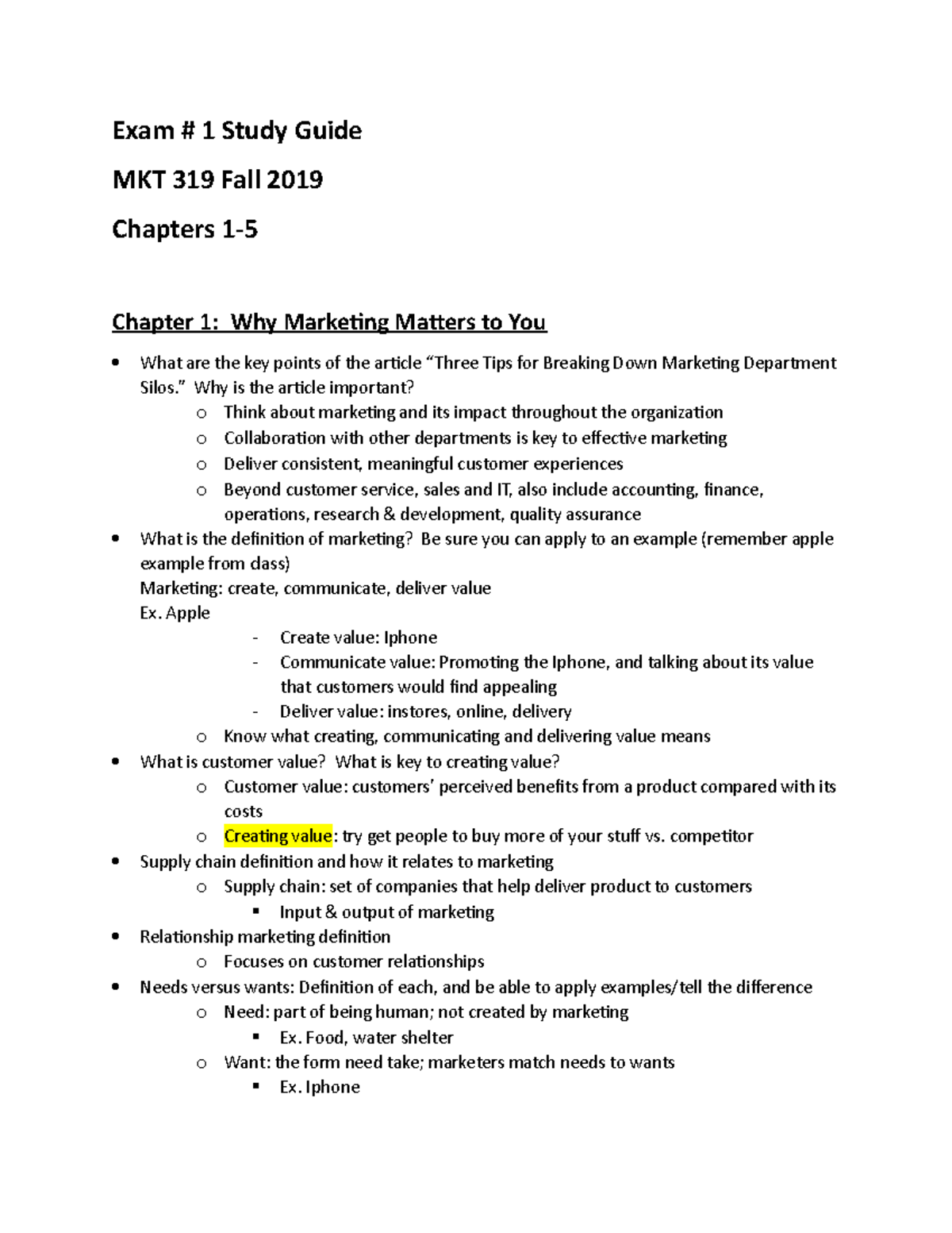 Exam 1 study guide Fall 2019 - Exam # 1 Study Guide MKT 319 Fall 2019 ...