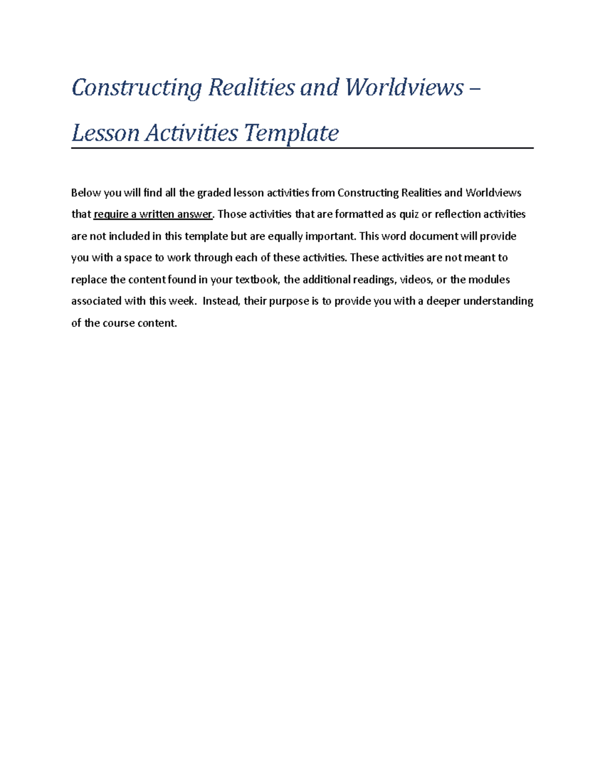 Week 6 Constucting Realities and Worldviews 1 - Constructing Realities and Worldviews – Lesson ...