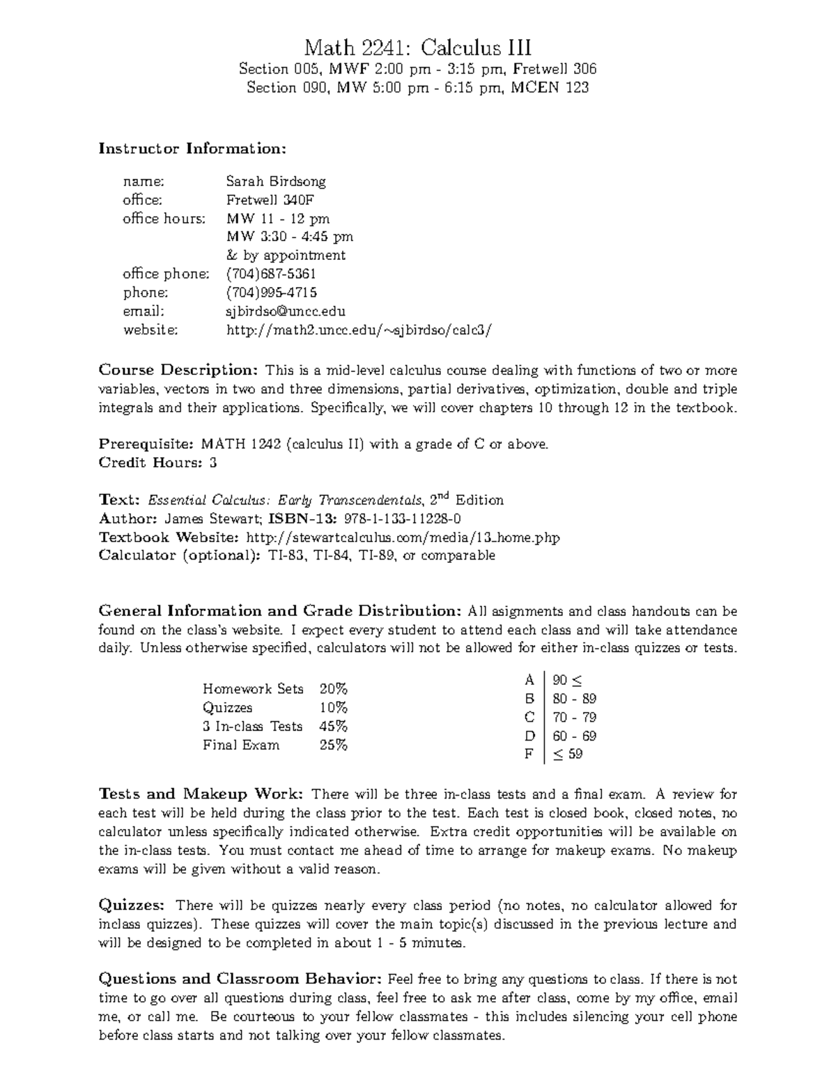 Calculus III Syllabus - Math 2241: Calculus III Section 005, MWF 2:00 ...