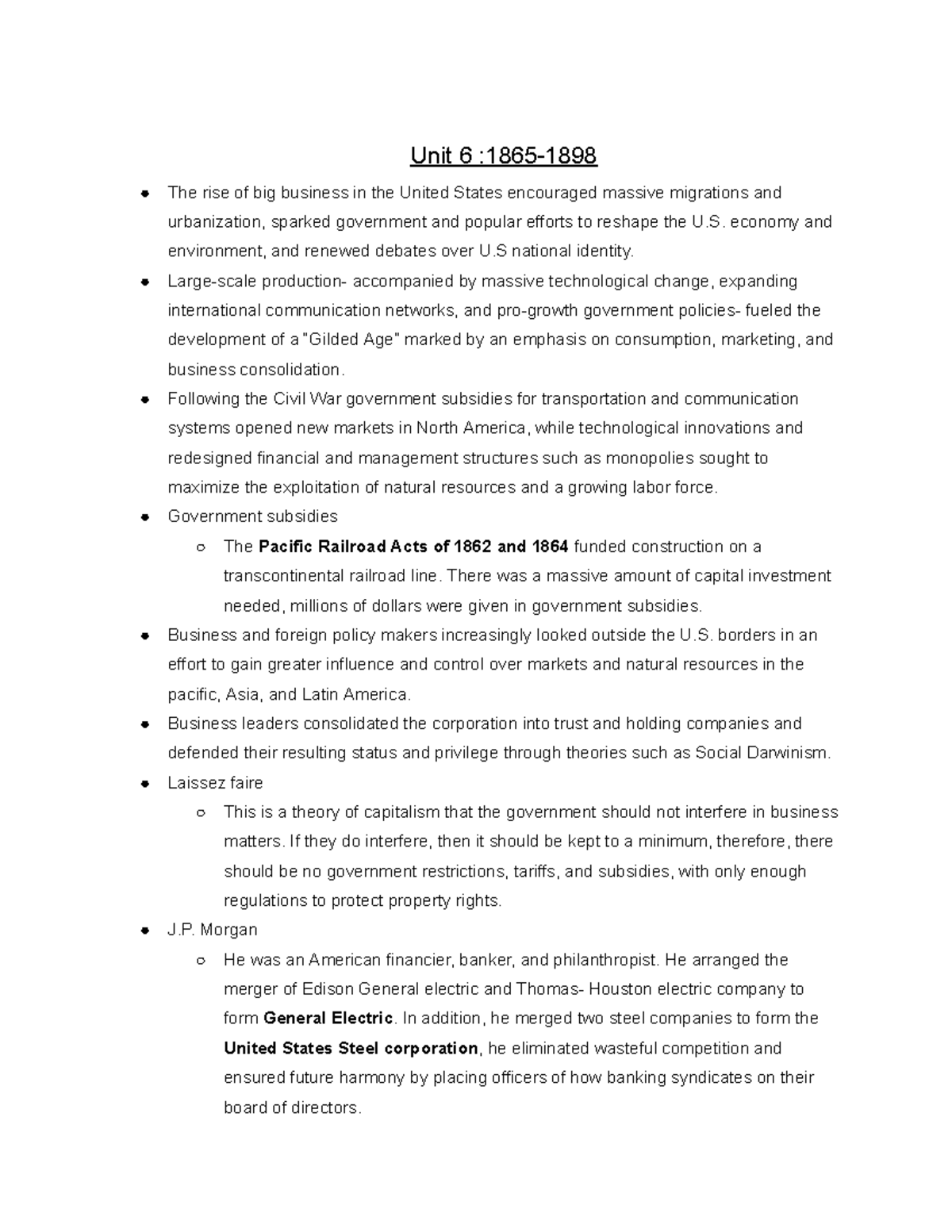 Us history - notes - Unit 6 :1865- The rise of big business in the ...