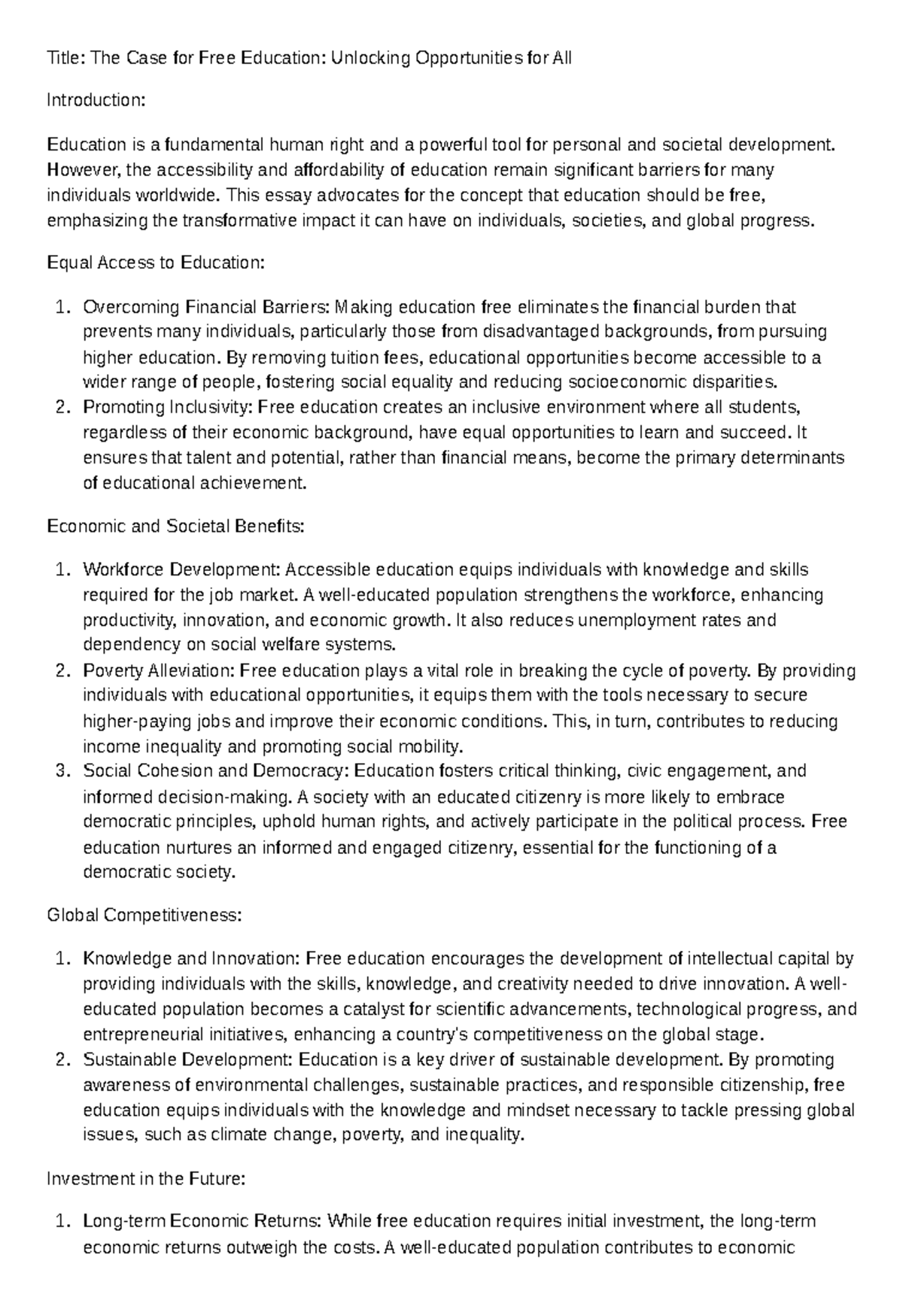 Title The Case for Free Education Unlocking Opportunities for All ...