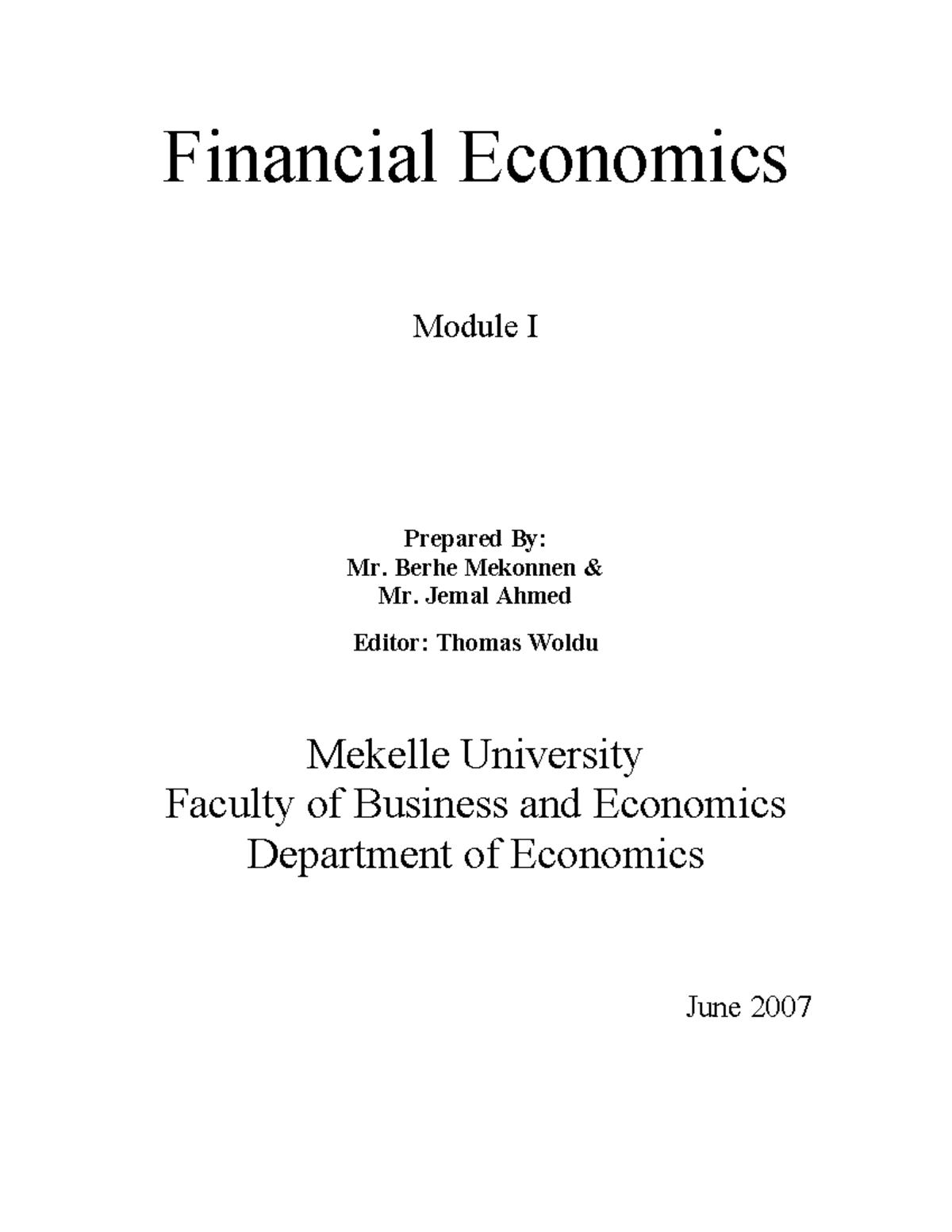 Financial Economics module I (1) (1) - Financial Economics Module I ...