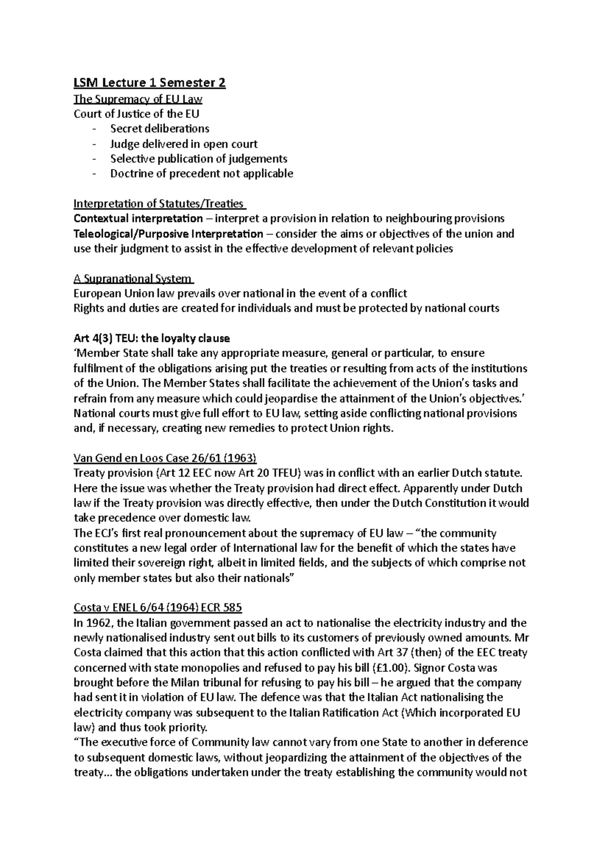 LSM Lecture 1 Semester 2 - LSM Lecture 1 Semester 2 The Supremacy of EU Law Court of Jusice of ...