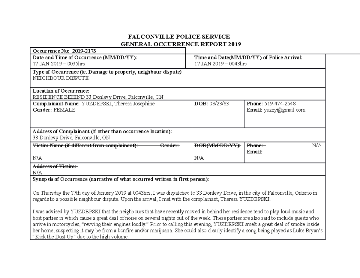 Occurence Report 1 Neighbour Dispute FALCONVILLE POLICE SERVICE occurence-report-1-neighbour-dispute-falconville-police-service