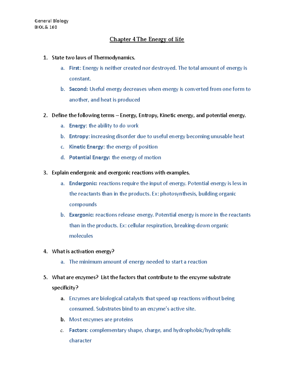 General Biology (BIOL& 160) Chapter 4 - The Energy of Life - BIOL& 160 ...