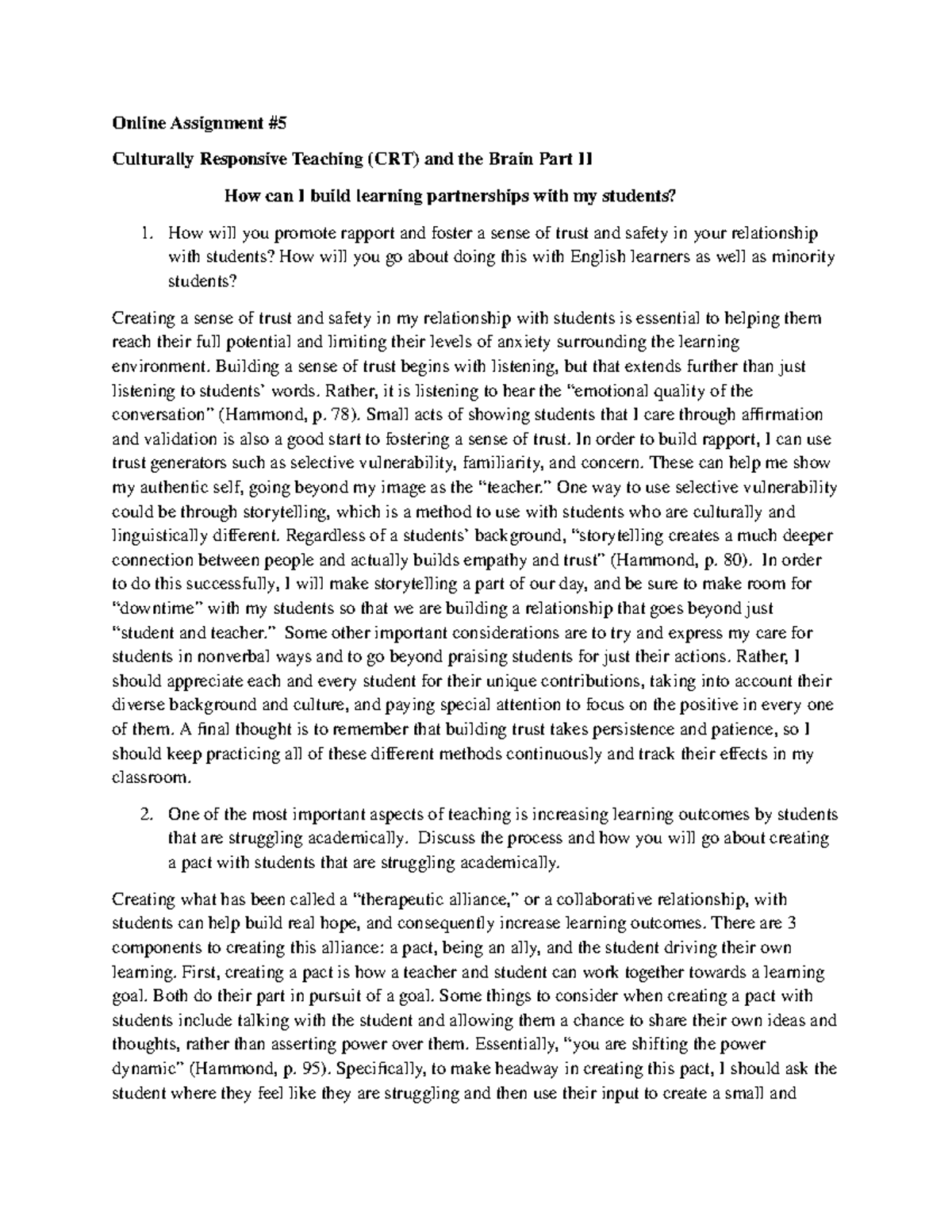 Online Questions 5 - Based on book "Culturally Responsive Teaching ...