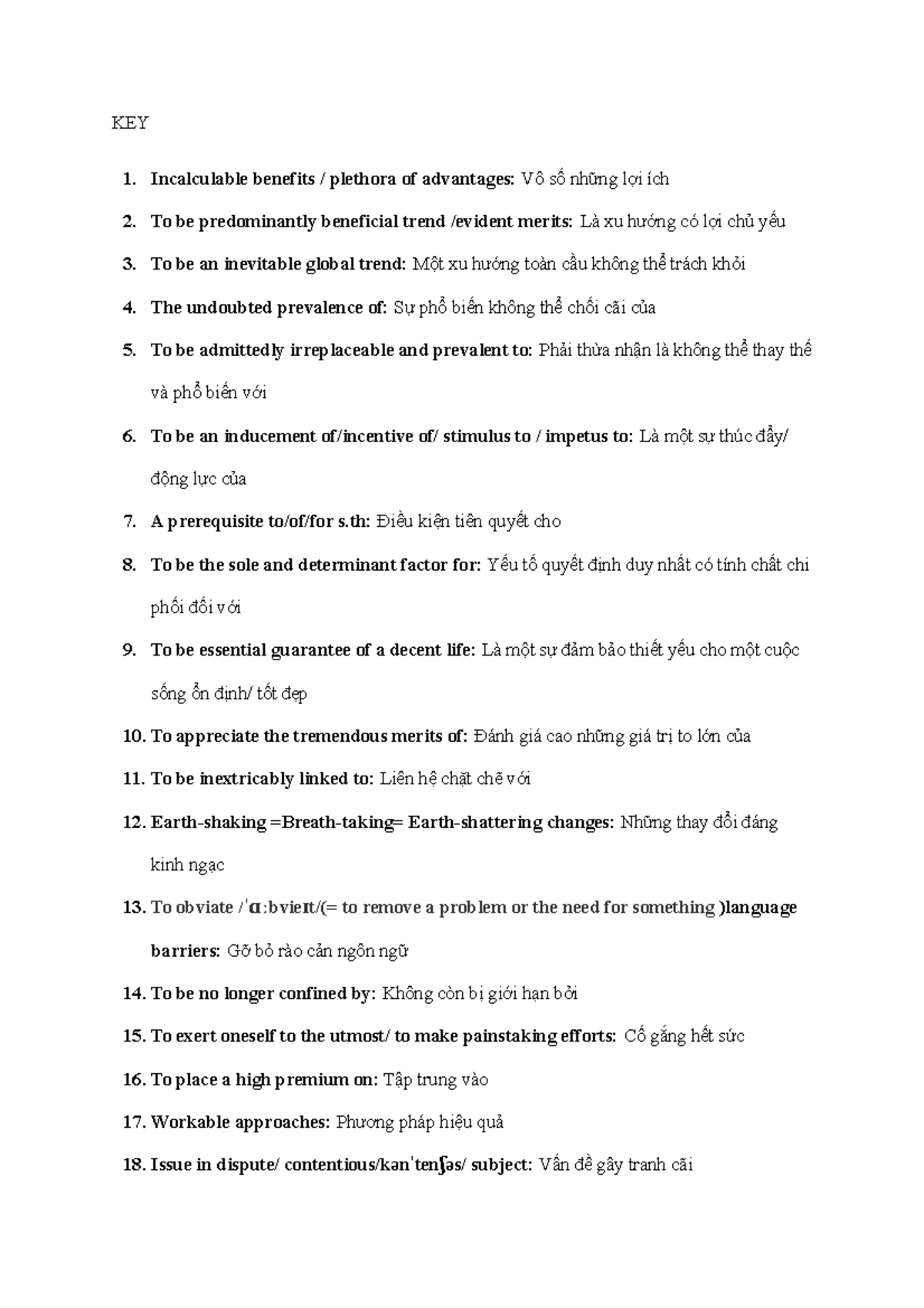 KEY - key - KEY Incalculable benefits / plethora of advantages: Vô số ...