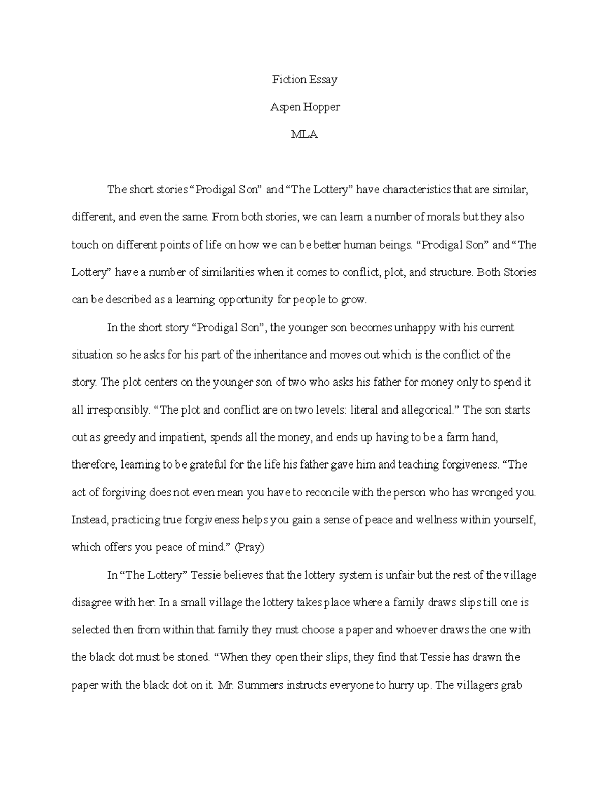 Fiction Essay - Fiction Essay Aspen Hopper MLA The short stories ...