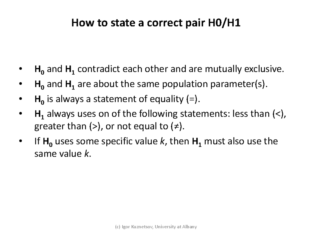 Tests table - How to state a correct pair H0/H • H 0 and H 1 contradict ...