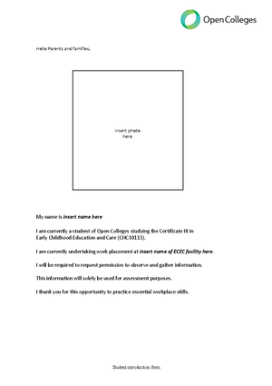 34873 LB Work Placement Logbook E1049 Cert III ECEC - Student Name ...