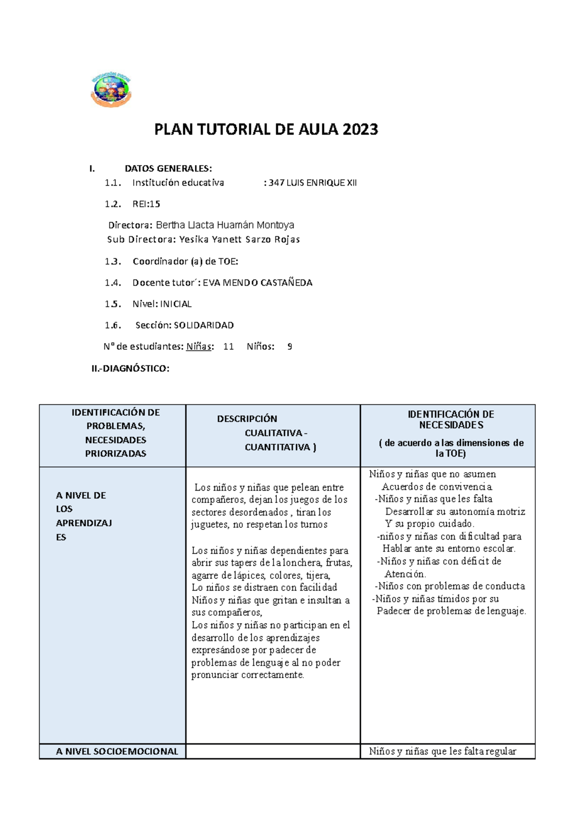 PLAN Tutoria Solidaridad - PLAN TUTORIAL DE AULA 2023 I. DATOS GENERALES: Institución educativa ...