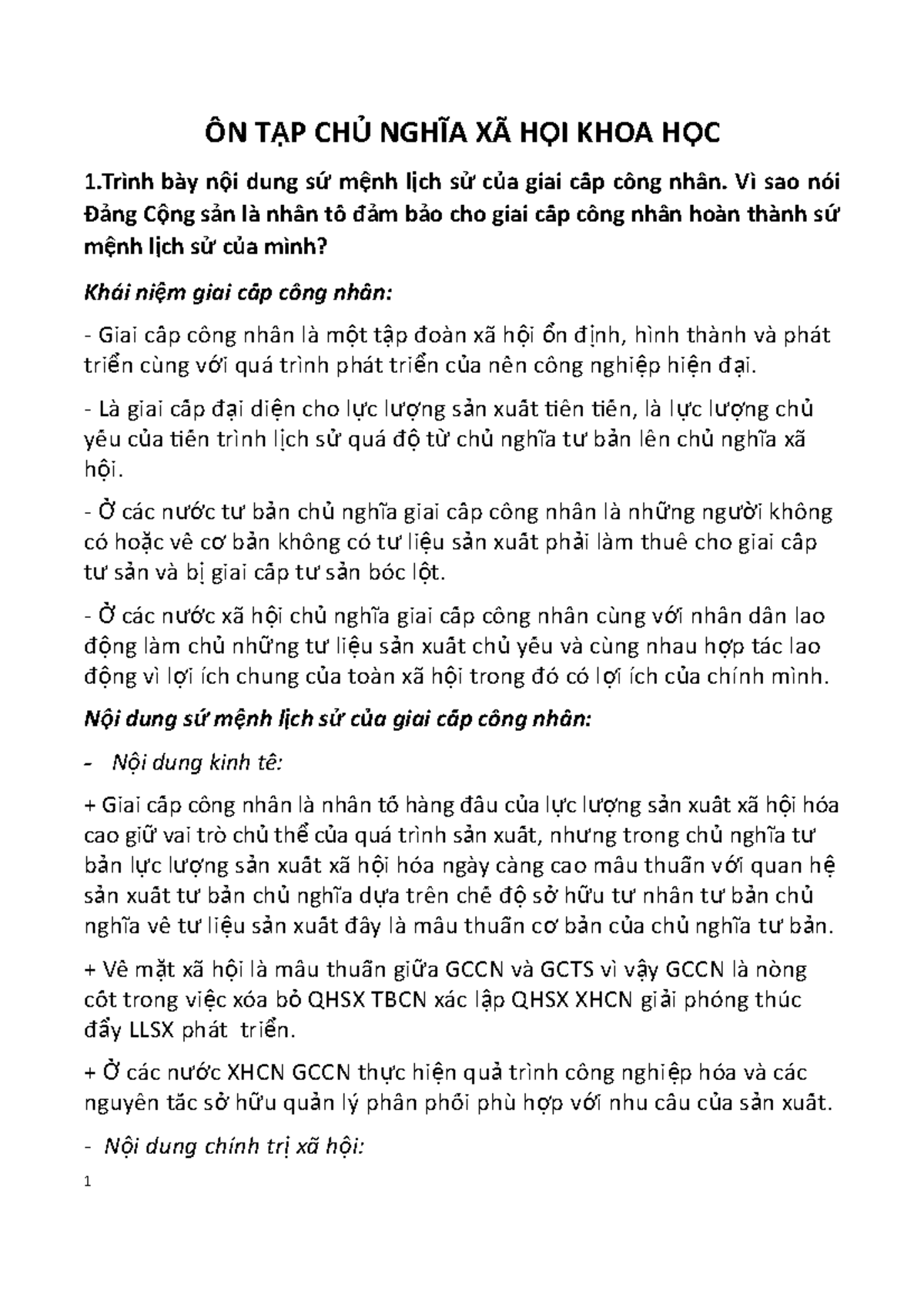 Chủ nghĩa xã hội khoa học - ÔN T P CH NGHĨA XÃ H I KHOA HẬ Ủ Ộ ỌC 1ình bày n i dung s m nh l ...