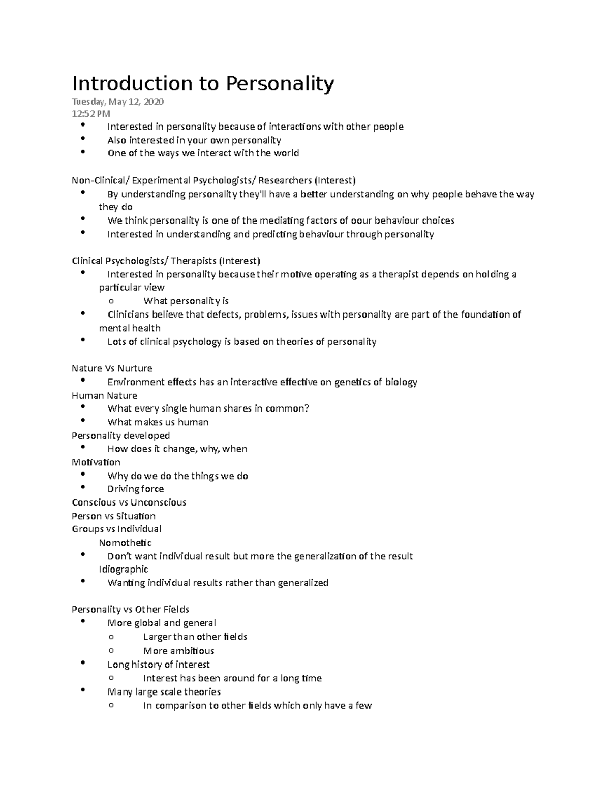 Introduction to Personality - Introduction to Personality Tuesday, May ...