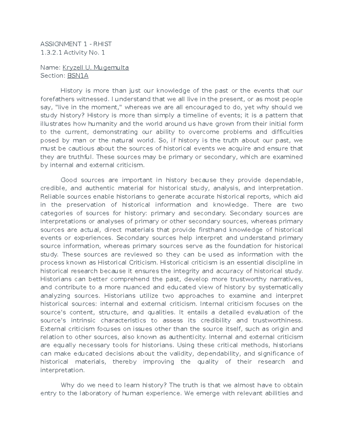 Assignment-1- Rhist - Relevance of history, Secondary and primary sources - ASSIGNMENT 1 - RHIST ...