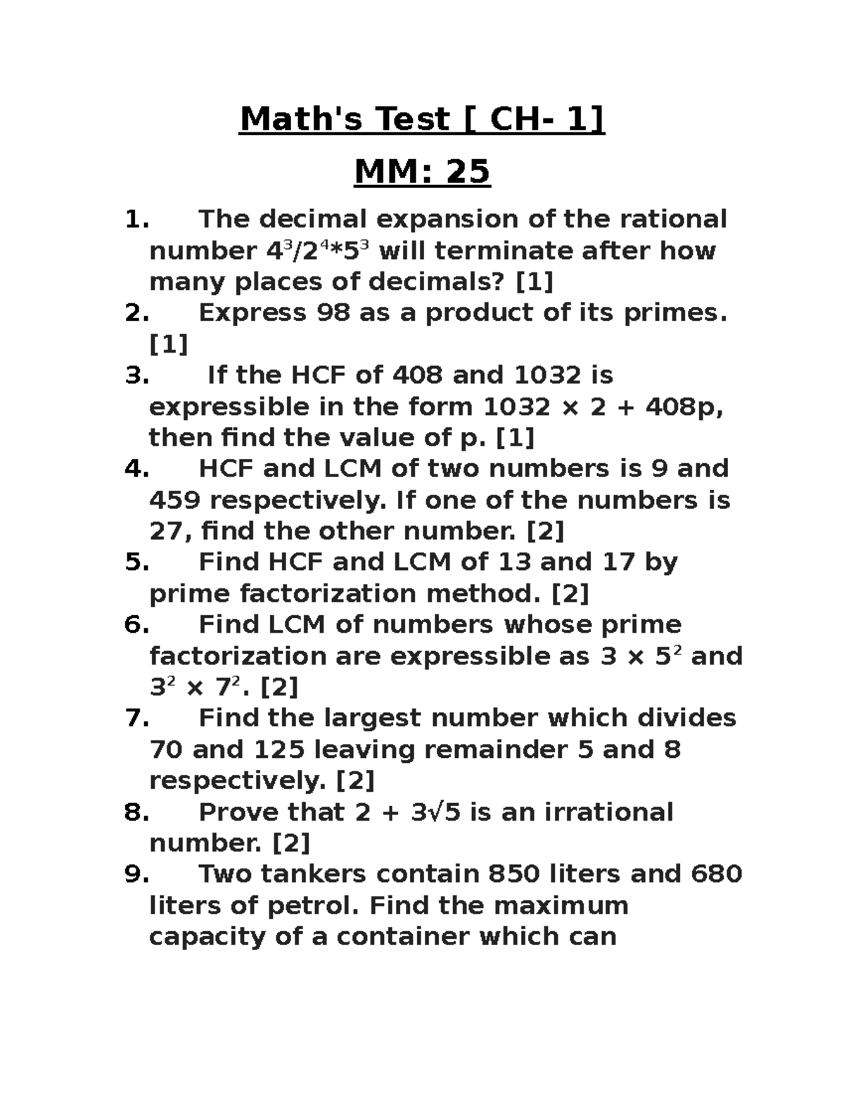 Maths CH-1 TEST - important cbse board examination question of Real ...