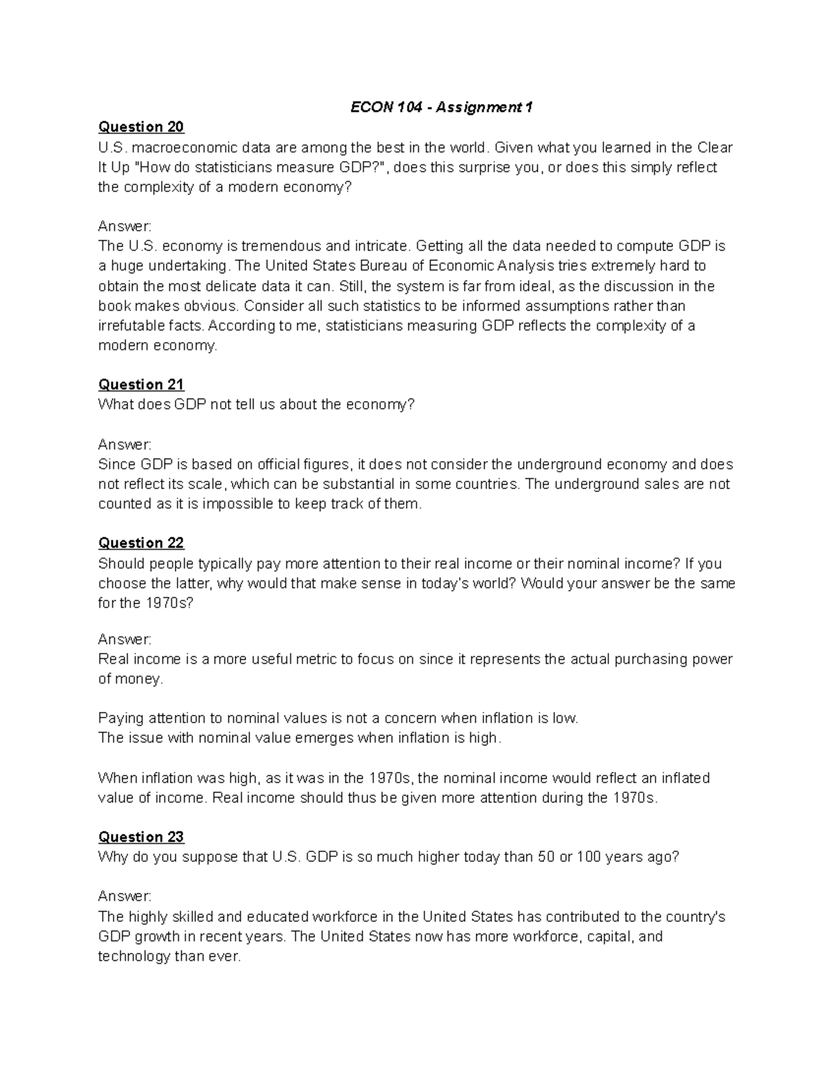 ECON 104 - Assignment 1 - ECON 104 - Assignment 1 Question 20 U ...