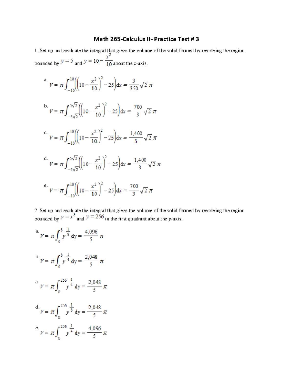 Math 265- Test #3 practice test - Math 265 -Calculus II- Practice Test ...