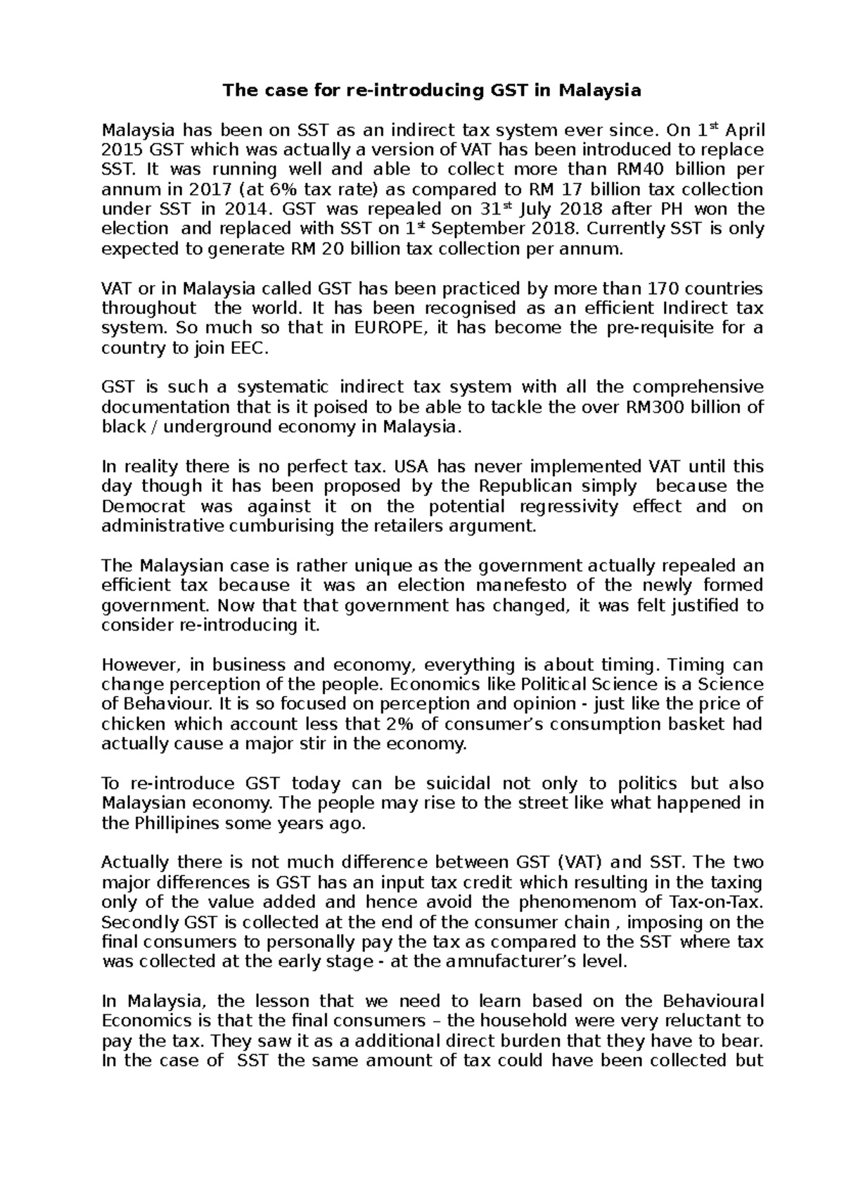 The case for re-introducing GST - On 1st April 2015 GST which was ...