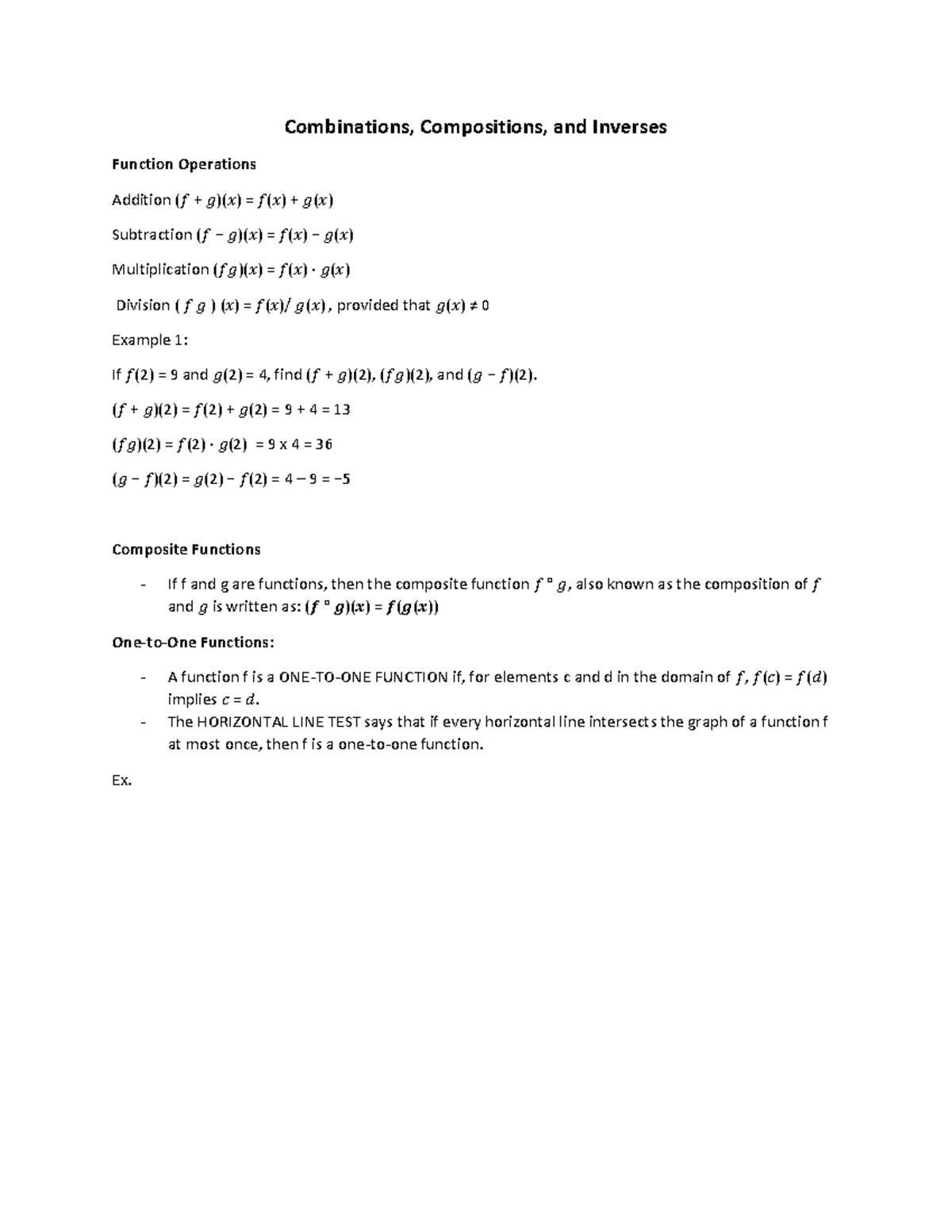 Combinations, Compositions, and Inverses - Combinations, Compositions, and Inverses Function ...