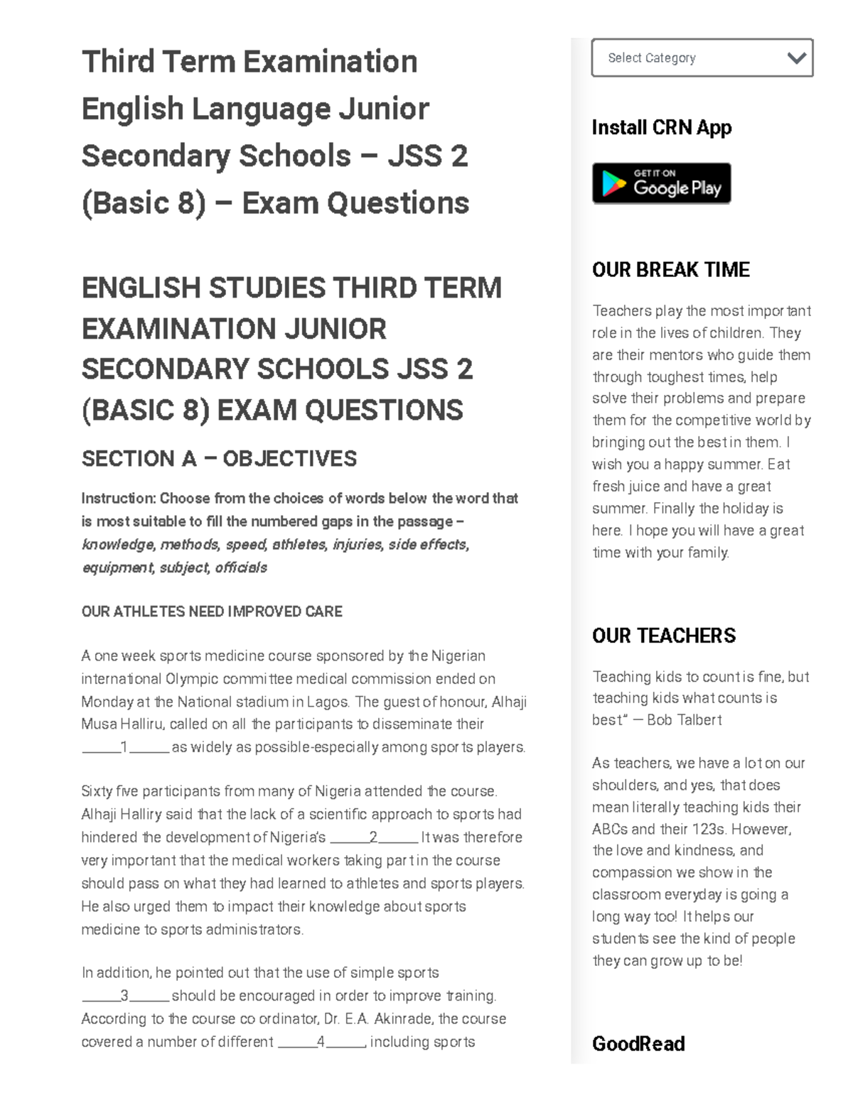 Third Term Examination English Language Junior Secondary Schools - JSS 2 (Basic 8) - Exam ...