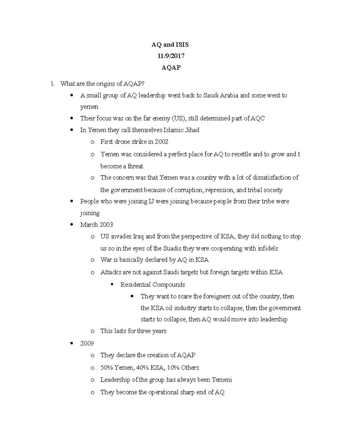 AQAP - Dr. Kalenthalter - AQ and ISIS 11/9/2017 AQAP 1. What are the ...