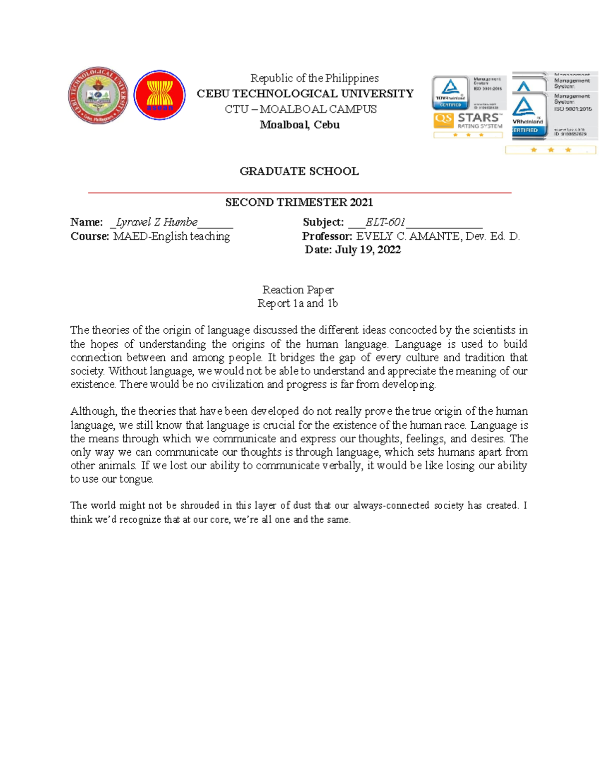 Reaction Paper - ENGLISH ASSIGNMENT - Republic of the Philippines CEBU ...