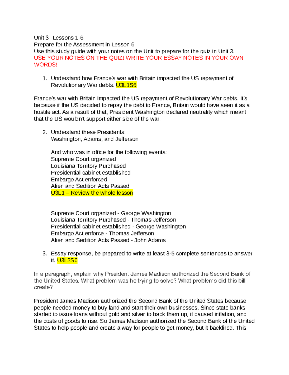United States History 11 - Unit 3 Quiz Study Guide - Unit 3 Lessons 1 ...