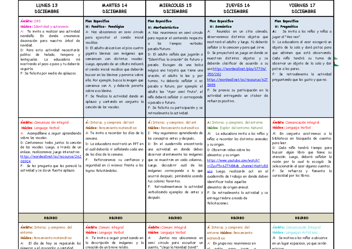 Cronograma 13 al 17 Dic - Dksks - PROFESORA: Camila Yáñez ASISTENTE ...