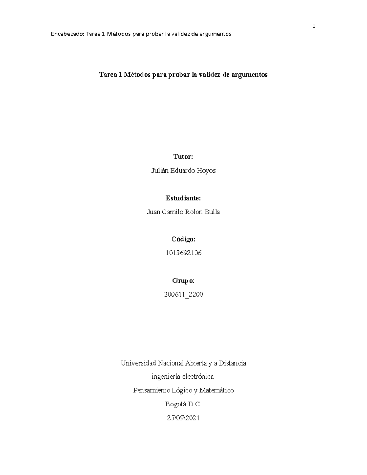 2006 11 2200 Tarea 1 Juan Rolon - Encabezado: Tarea 1 Métodos para ...