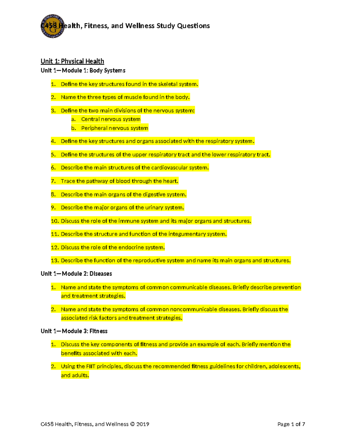 C458v4 study questions - Unit 1: Physical Health Unit 1—Module 1: Body ...