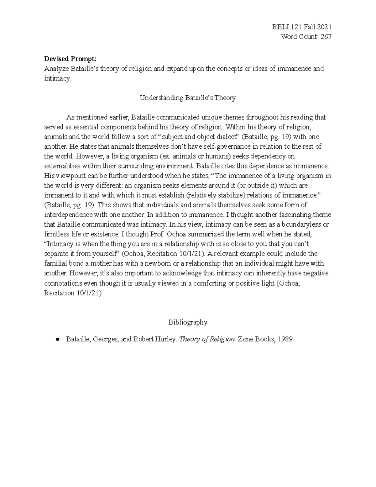 Week 7 Recitation Paper - RELI 121 Fall 2021 Word Count: 267 Devised ...