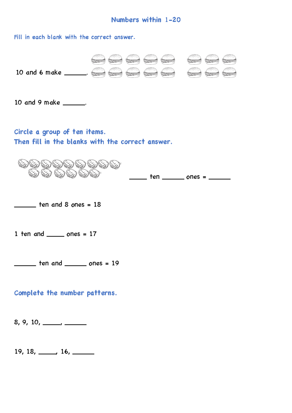 608119823 Math Assessment 1 20 - Numbers within 1 - 20 Fill in each ...
