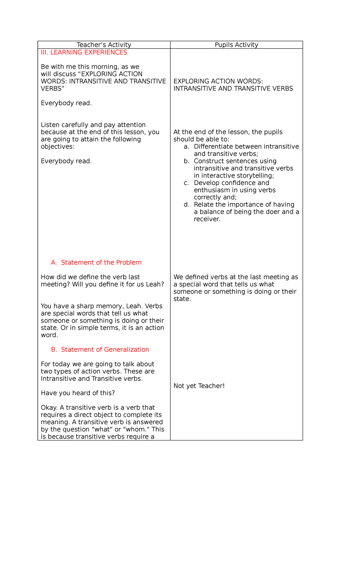 Deductive LP - Lesson Plan - Teacher’s Activity Pupils Activity III ...