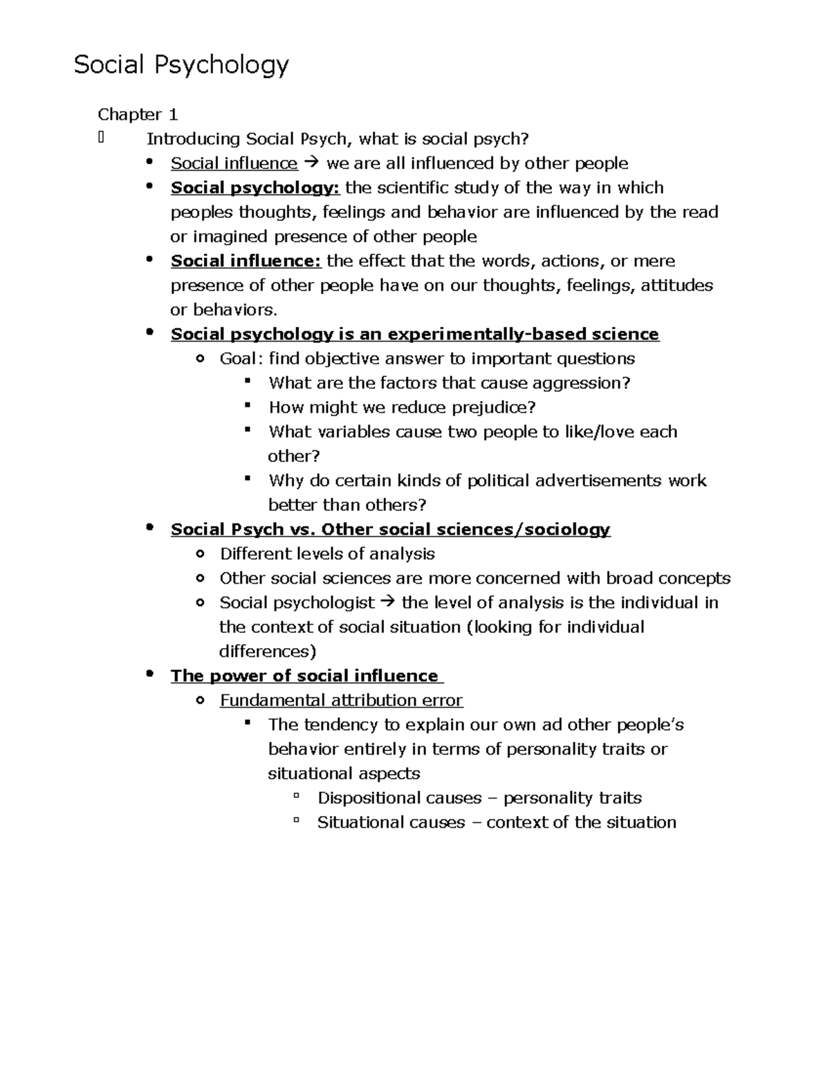 Social Psychology - Lecture notes 1-5 - Social Psychology Chapter 1 ...