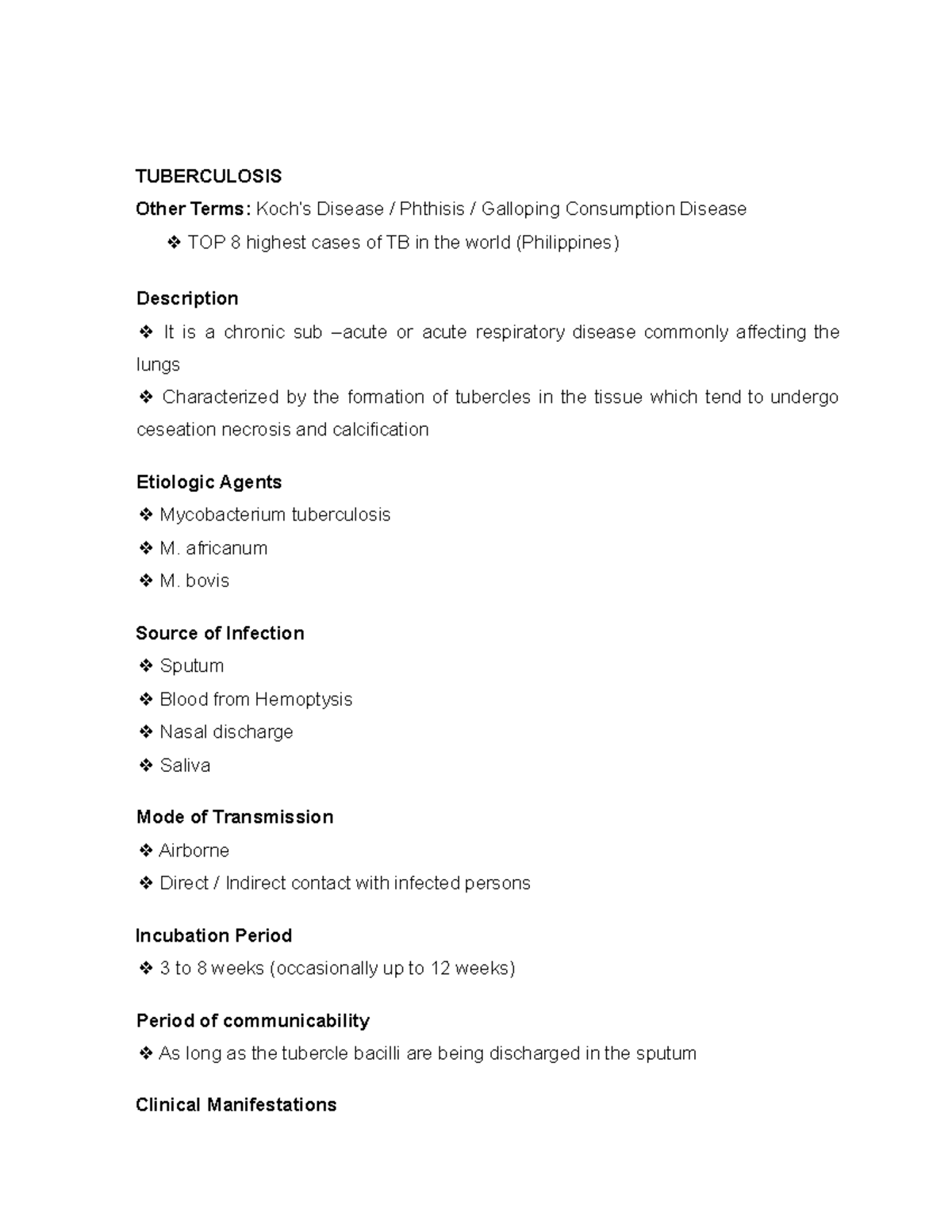 Tuberculosis - NOTES - TUBERCULOSIS Other Terms: Koch’s Disease ...