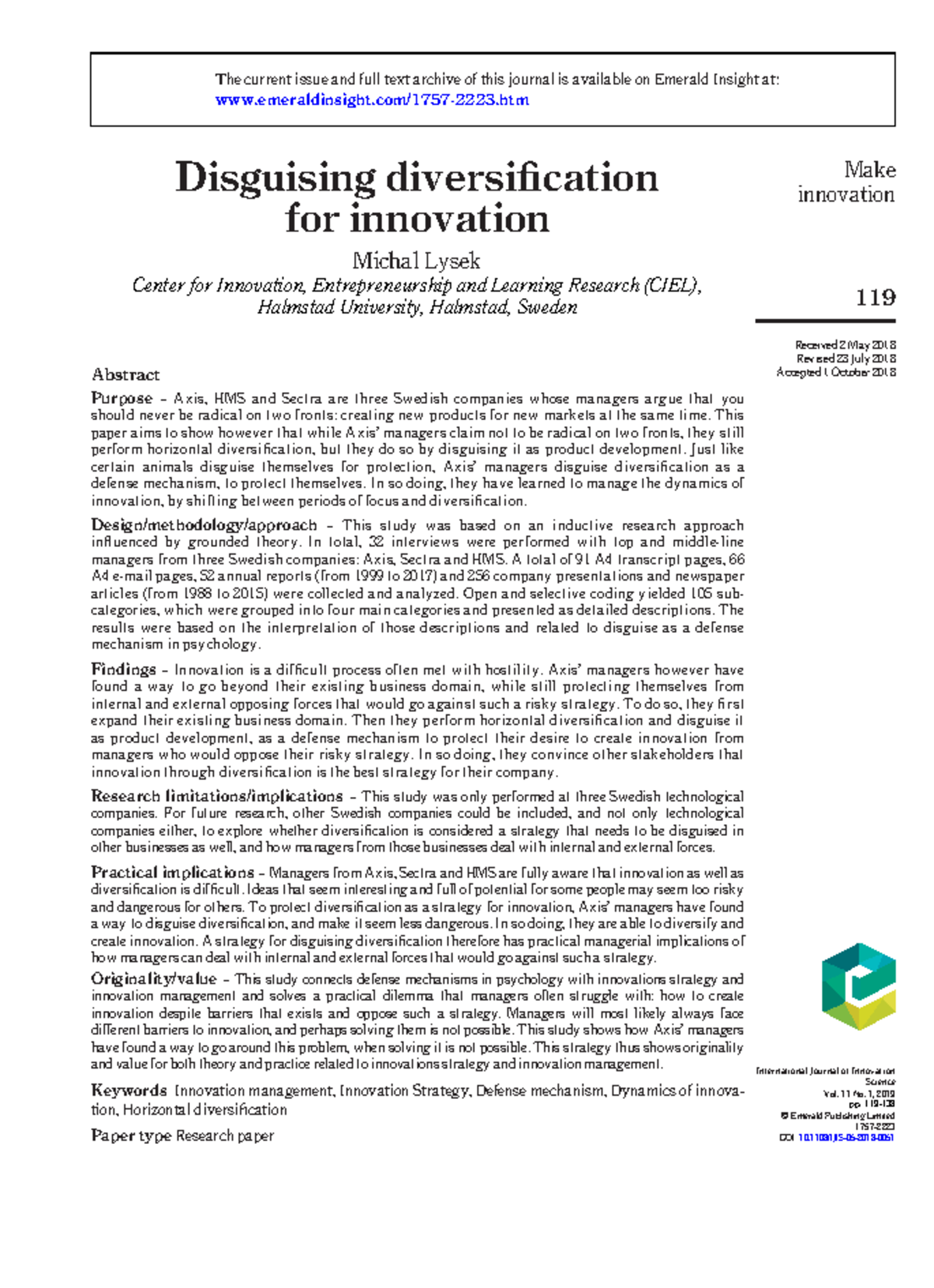 Diversification for innovation - Disguising diversification for ...