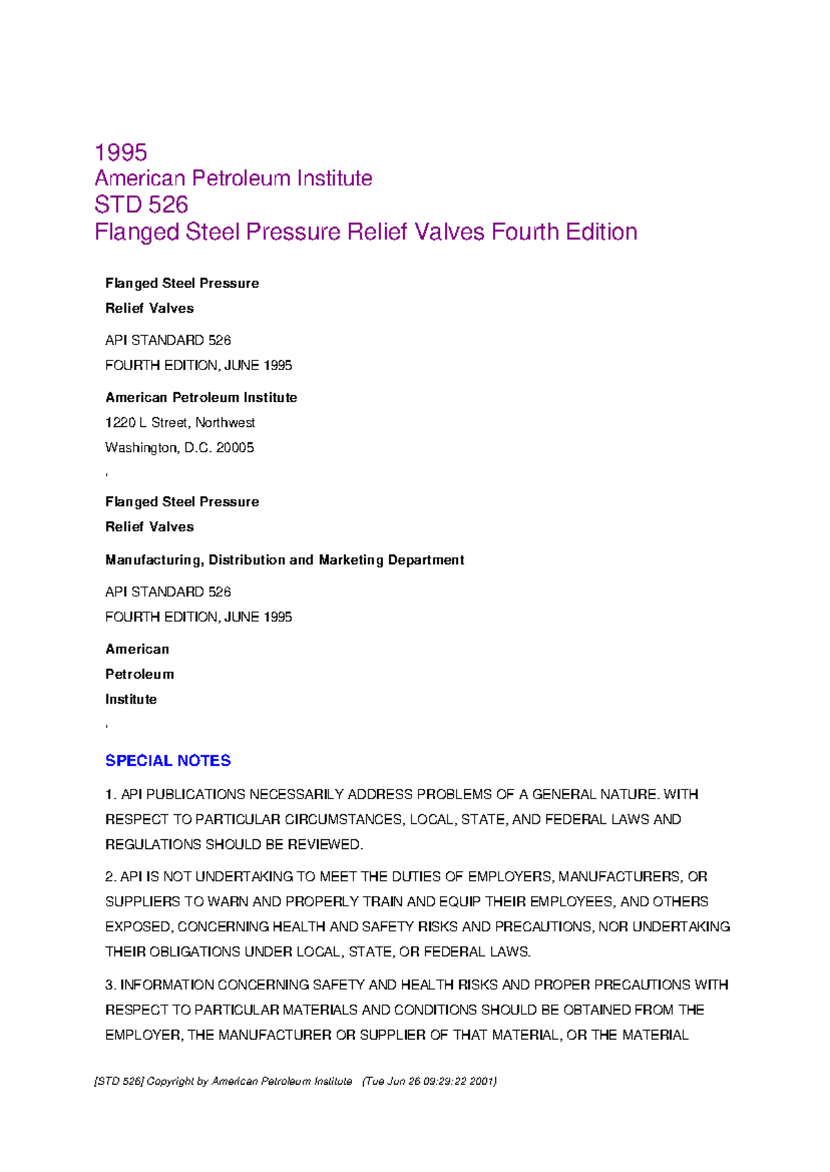 API 526-flanged-steel-pressure-relief-valves - 1995 American Petroleum Institute STD 526 Flanged ...