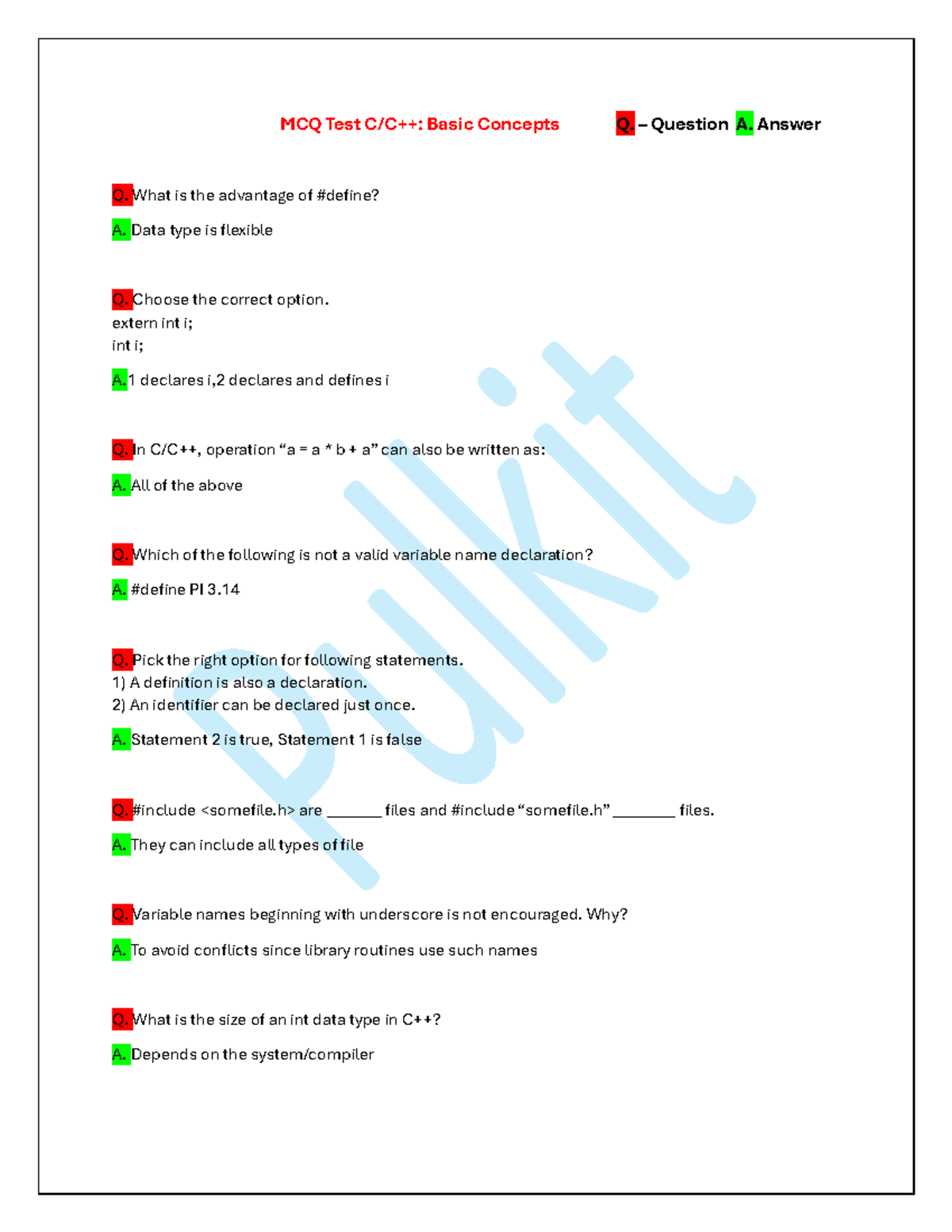 Level 1 N2N CPP MCQ - Helpfull - MCQ Test C/C++: Basic Concepts Q ...