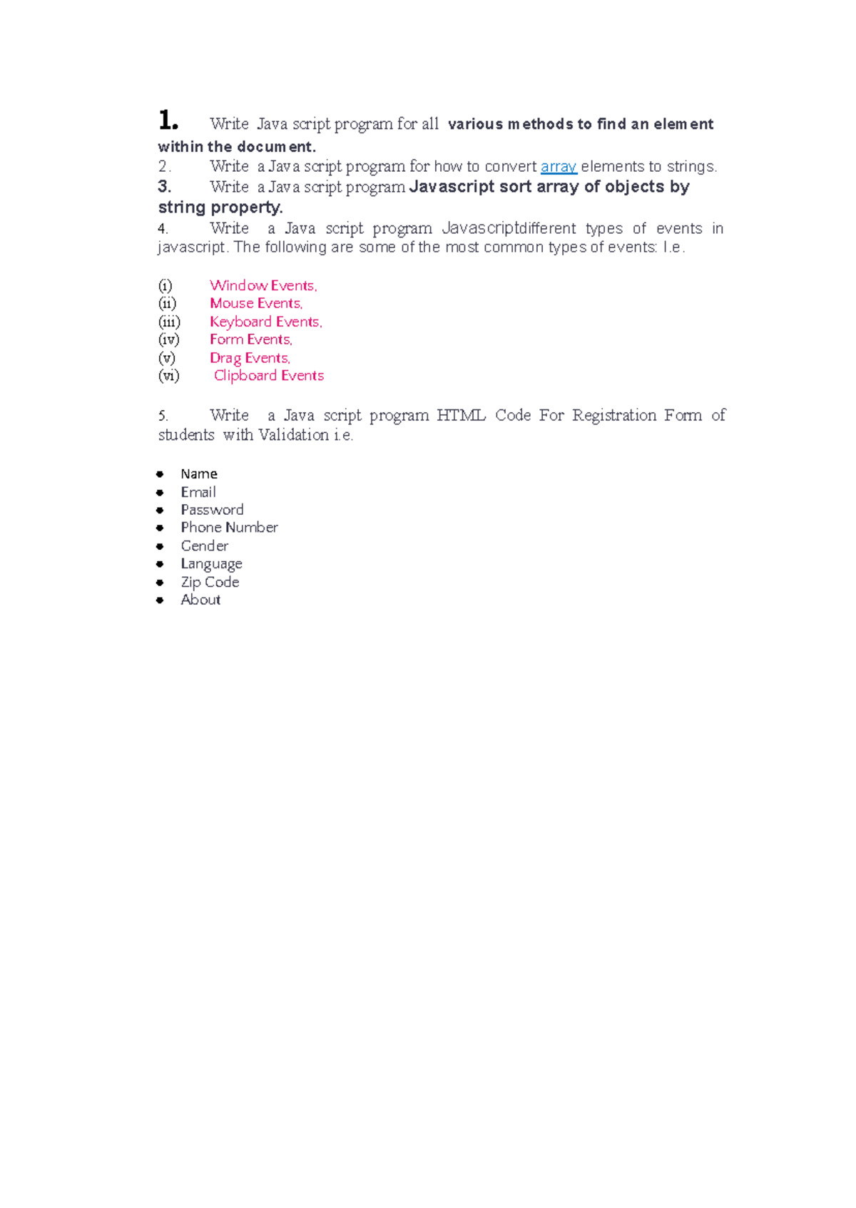 Assignment No - 1. Write Java script program for all various methods to ...