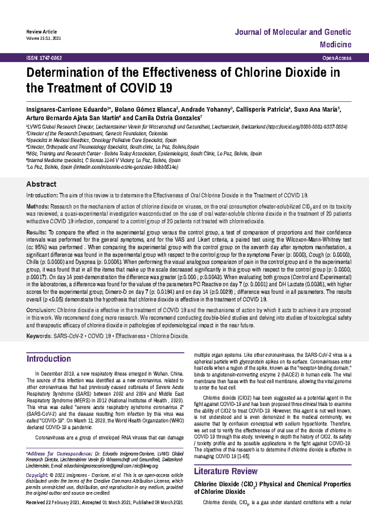 Determination of the effectiveness of chlorine dioxide in the treatment ...